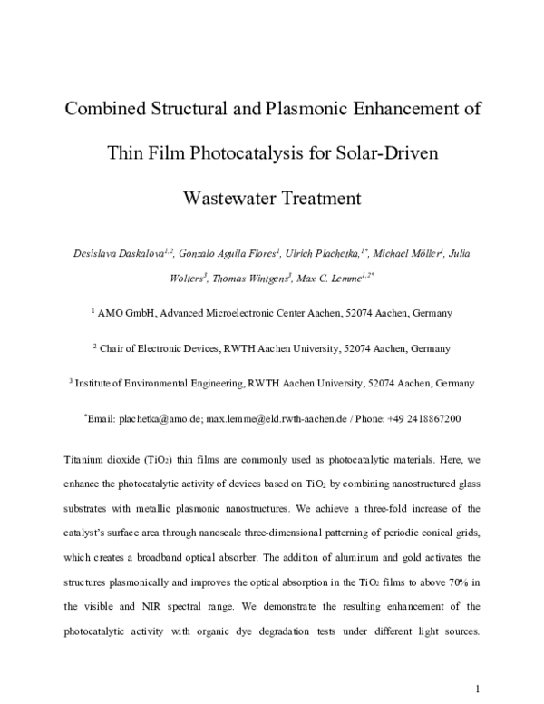 (PDF) Combined Structural and Plasmonic Enhancement of Thin Film Photocatalysis for Solar-Driven ...