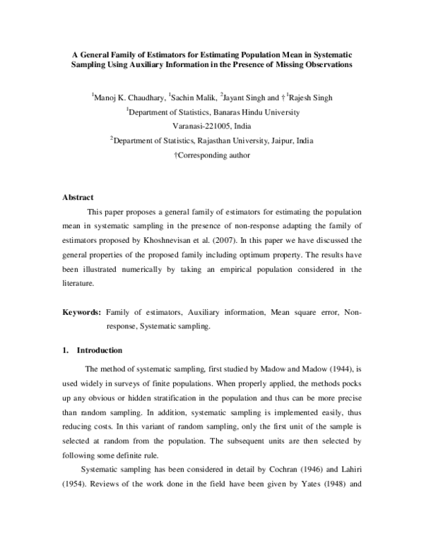 (PDF) A General Family of Estimators for Estimating Population Mean in Systematic Sampling Using ...