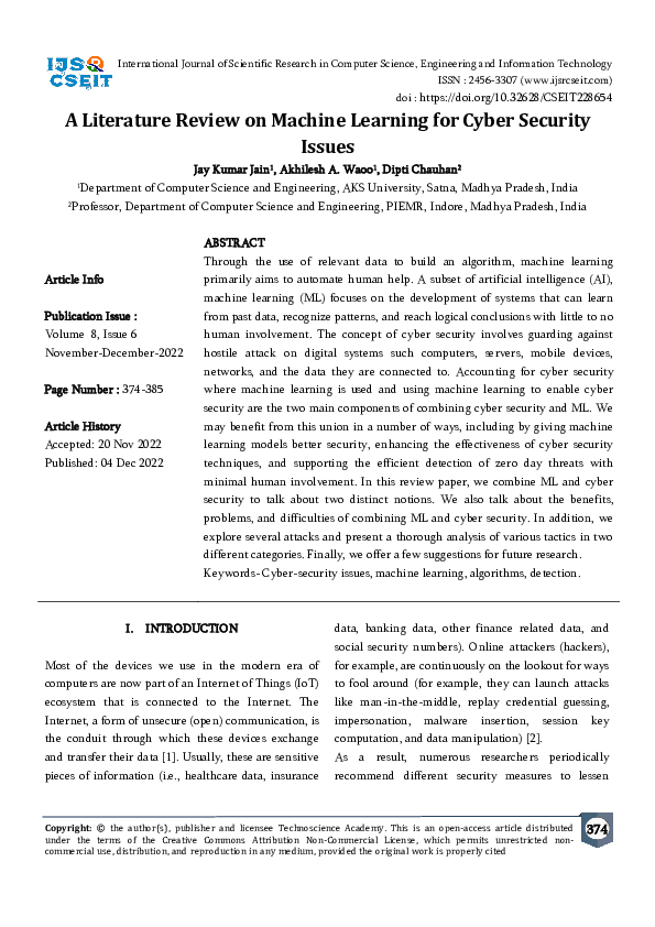 (PDF) A Literature Review on Machine Learning for Cyber Security Issues