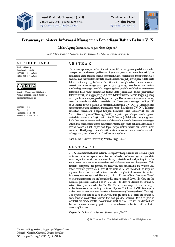 (PDF) Perancangan Sistem Informasi Manajemen Persediaan Bahan Baku CV. X