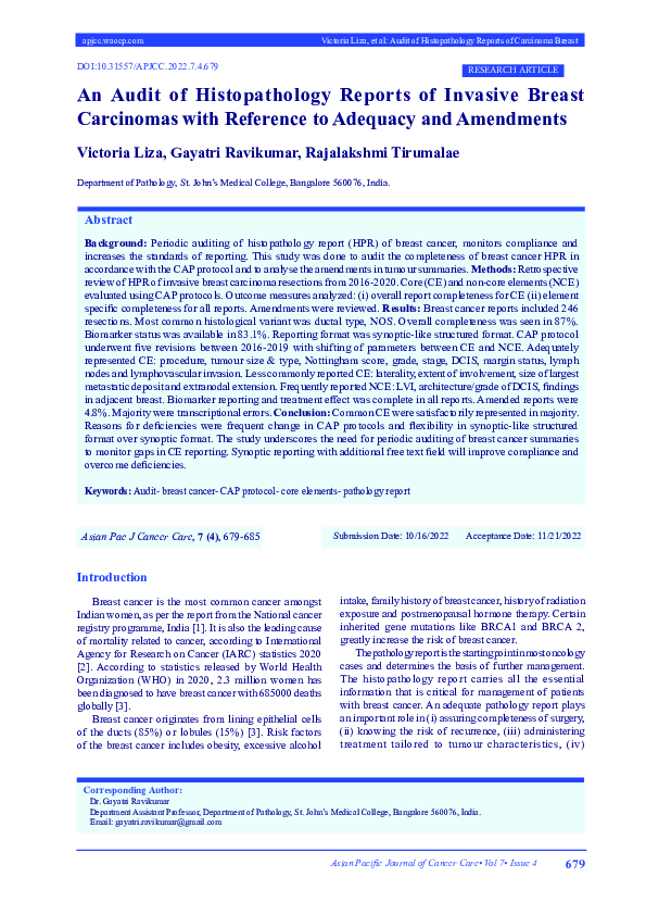(PDF) An Audit of Histopathology Reports of Invasive Breast Carcinomas ...