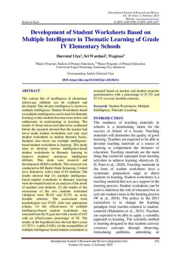 (PDF) Development of Student Worksheets Based on Multiple Intelligence in Thematic Learning of ...