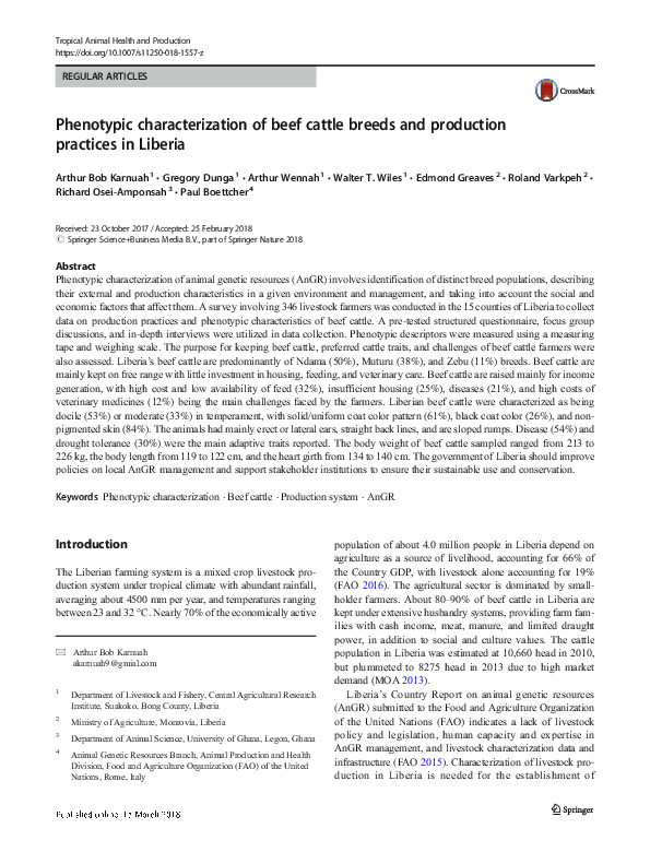 Pdf Characterizing Beef Cattle Breeds And Production In Liberia