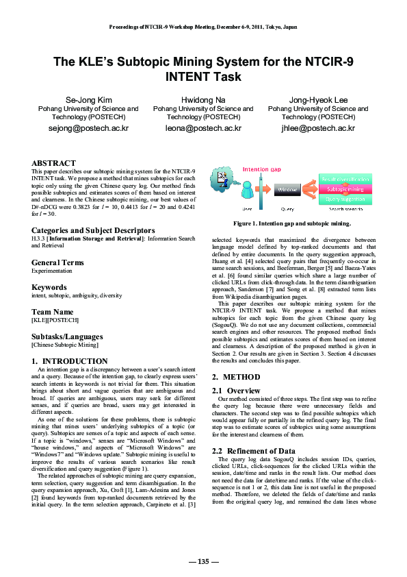 (PDF) The KLE's Subtopic Mining System for the NTCIR-9 INTENT Task