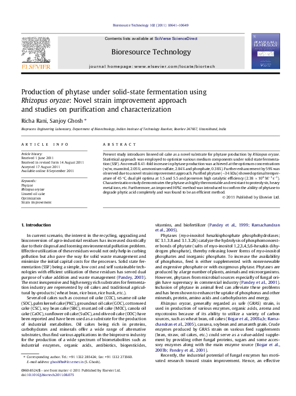 (PDF) Production of phytase under solid-state fermentation using Rhizopus oryzae: Novel strain ...