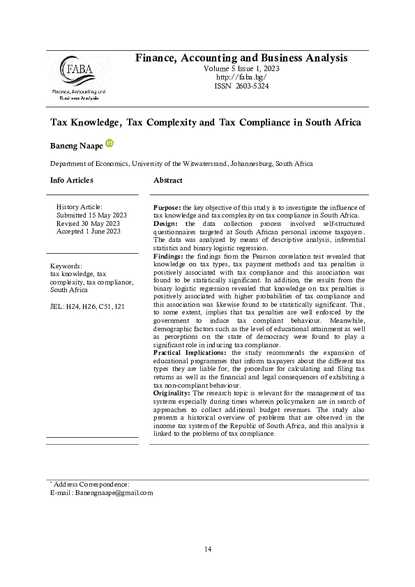 (PDF) Tax Knowledge, Tax Complexity and Tax Compliance in South Africa