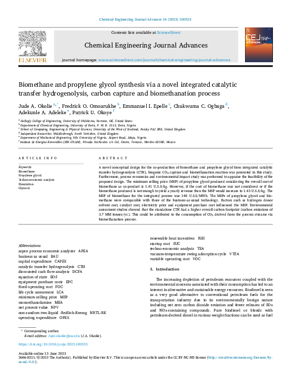 (PDF) Biomethane and propylene glycol synthesis via a novel integrated ...