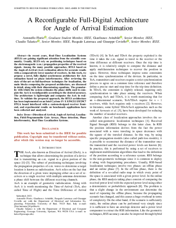 Pdf A Reconfigurable Full Digital Architecture For Angle Of Arrival Estimation