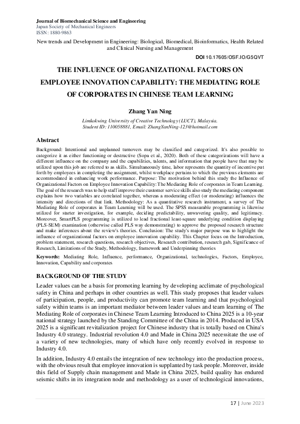 (PDF) THE INFLUENCE OF ORGANIZATIONAL FACTORS ON EMPLOYEE INNOVATION CAPABILITY: THE MEDIATING ...