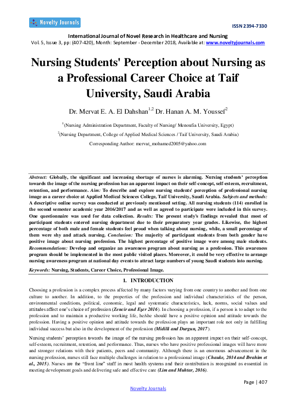 (PDF) Nursing Students' Perception about Nursing as a Professional Career Choice at Taif ...