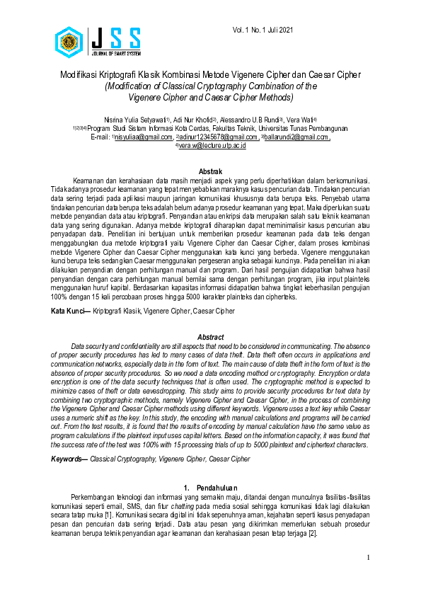 Pdf Modifikasi Kriptografi Klasik Kombinasi Metode Vigenere Cipher
