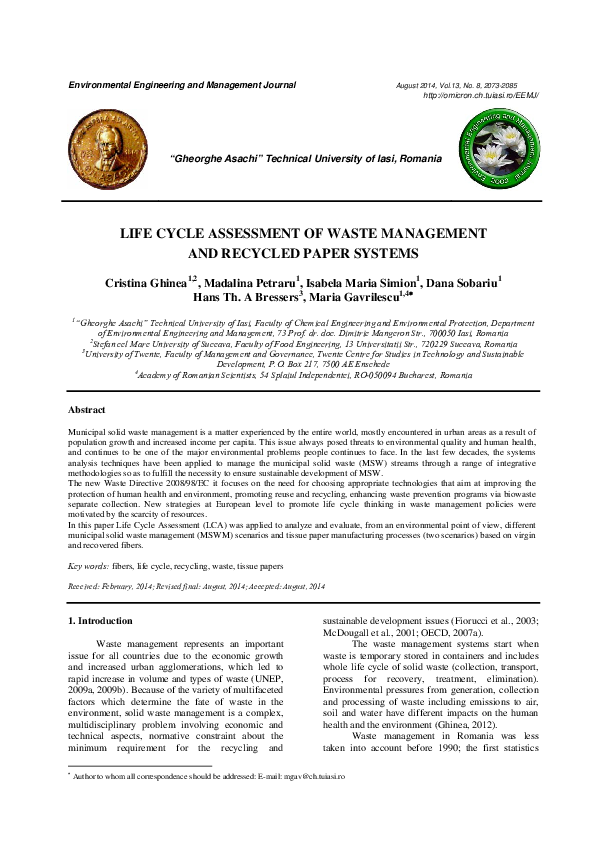 (PDF) Life Cycle Assessment of Waste Management and Recycled Paper Systems