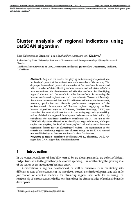 (PDF) Cluster analysis of regional indicators using DBSCAN algorithm (PDF) Cluster analysis of regional indicators using DBSCAN algorithm