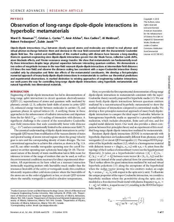(PDF) Observation of long-range dipole-dipole interactions in hyperbolic metamaterials