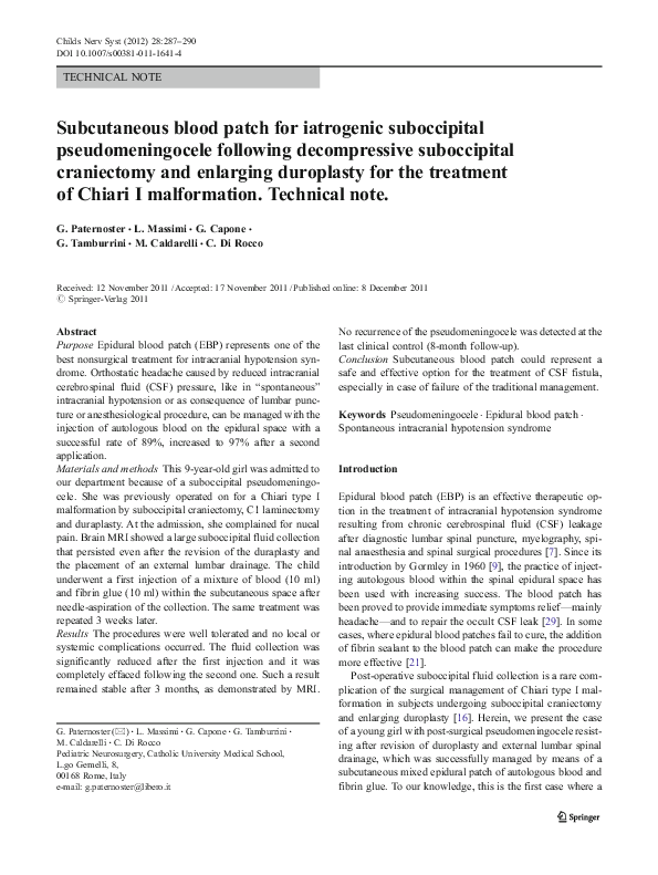 (PDF) Subcutaneous blood patch for iatrogenic suboccipital ...