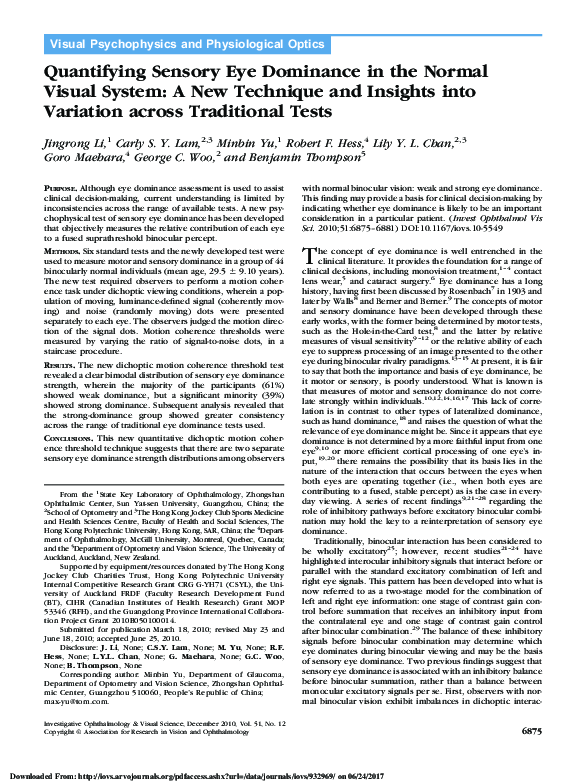 (PDF) Quantifying Sensory Eye Dominance in the Normal Visual System: A ...