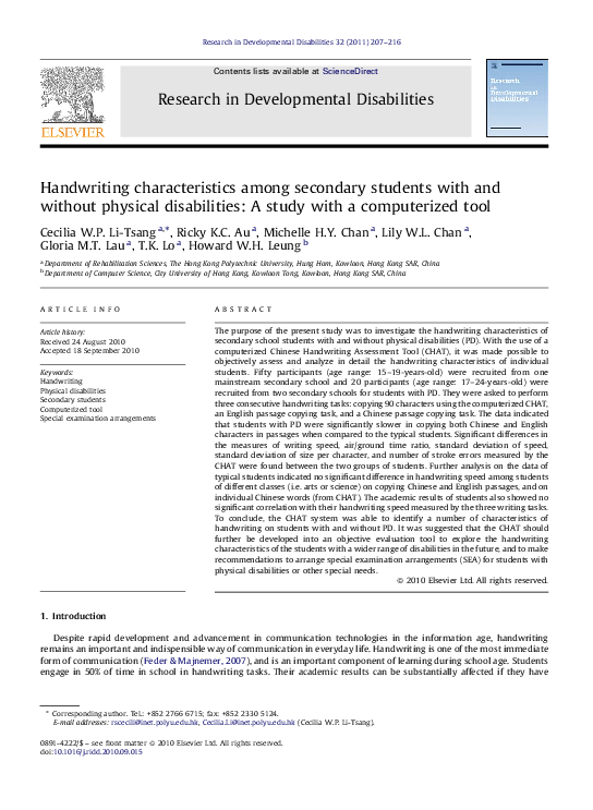 (PDF) Handwriting characteristics among secondary students with and ...