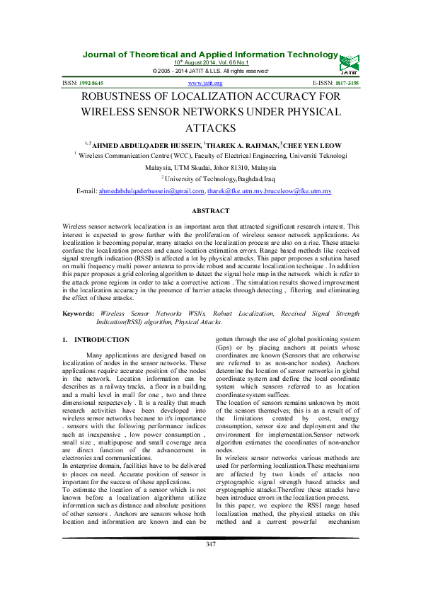 Pdf Robustness Of Localization Accuracy For Wireless Sensor Networks Under Physical Attacks