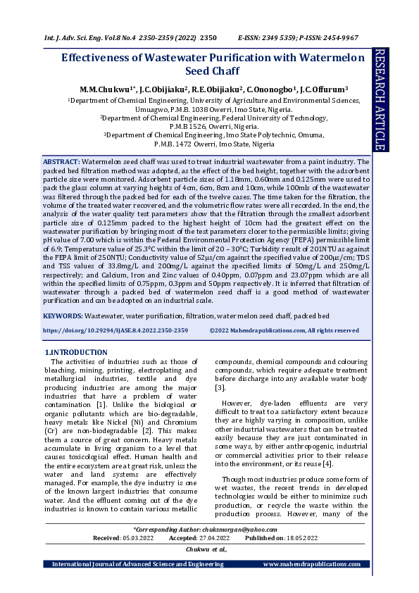 (PDF) Effectiveness of Wastewater Purification with Watermelon Seed Chaff
