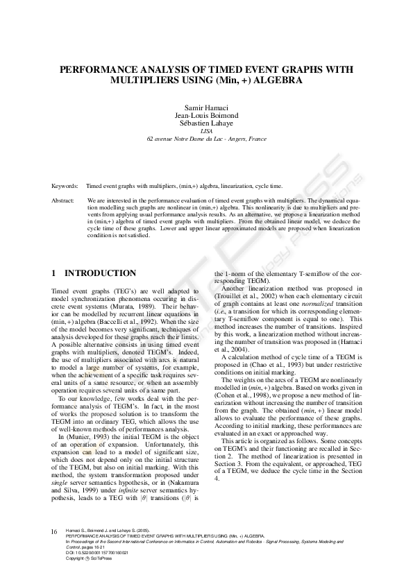 (PDF) Performance Analysis of Timed Event Graphs with Multipliers using (Min, +) Algebra