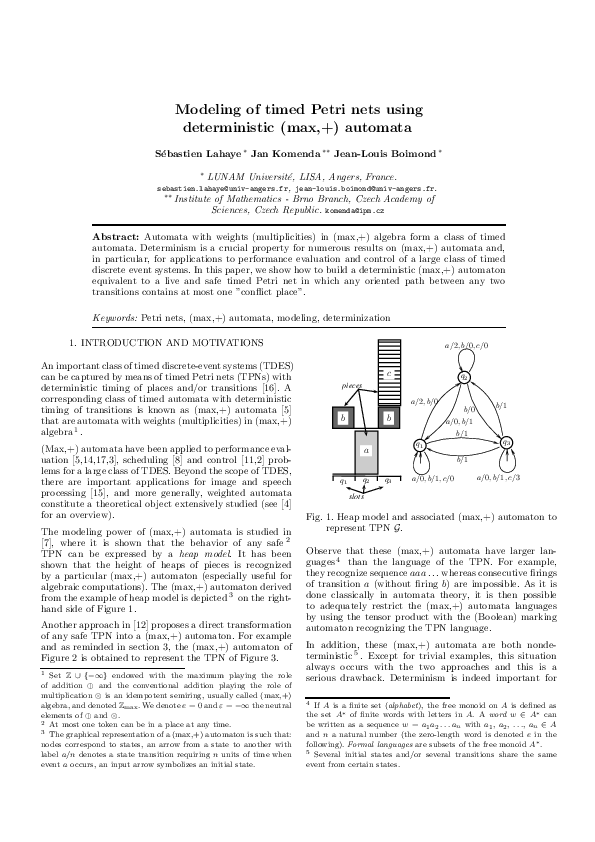 (PDF) Modeling of timed Petri nets using deterministic (max,+) automata
