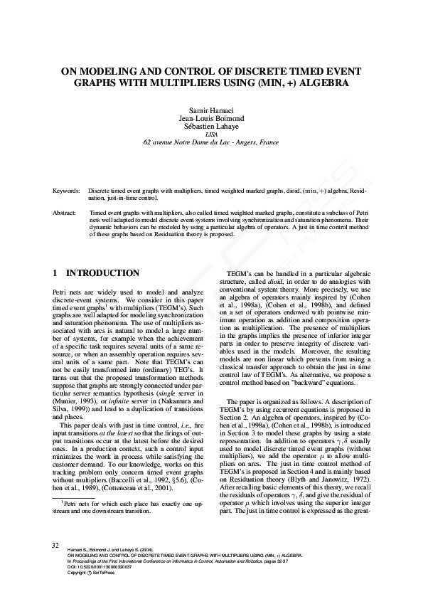 Pdf On Modeling And Control Of Discrete Timed Event Graphs With Multipliers Using Min