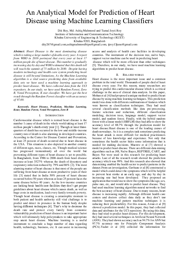 (PDF) An Analytical Model for Prediction of Heart Disease using Machine Learning Classifiers