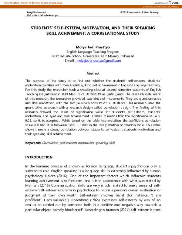 (PDF) Students’ Self-Esteem, Motivation, and Their Speaking Skill Achivement: A Correlational Study
