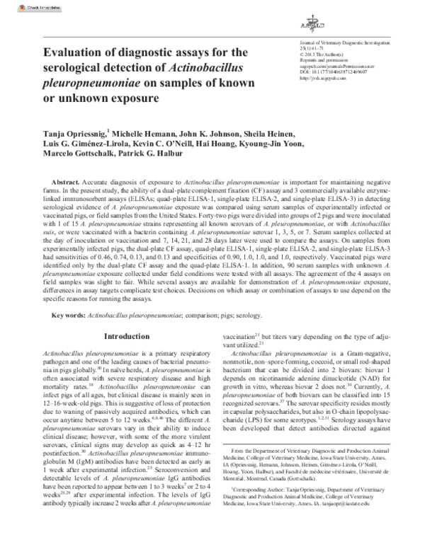 (PDF) Evaluation of diagnostic assays for the serological detection of Actinobacillus ...