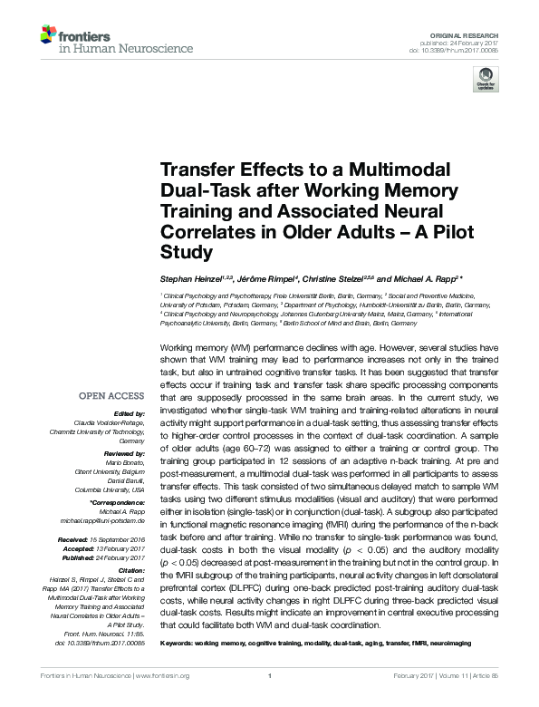 (PDF) Transfer Effects to a Multimodal Dual-Task after Working Memory Training and Associated ...