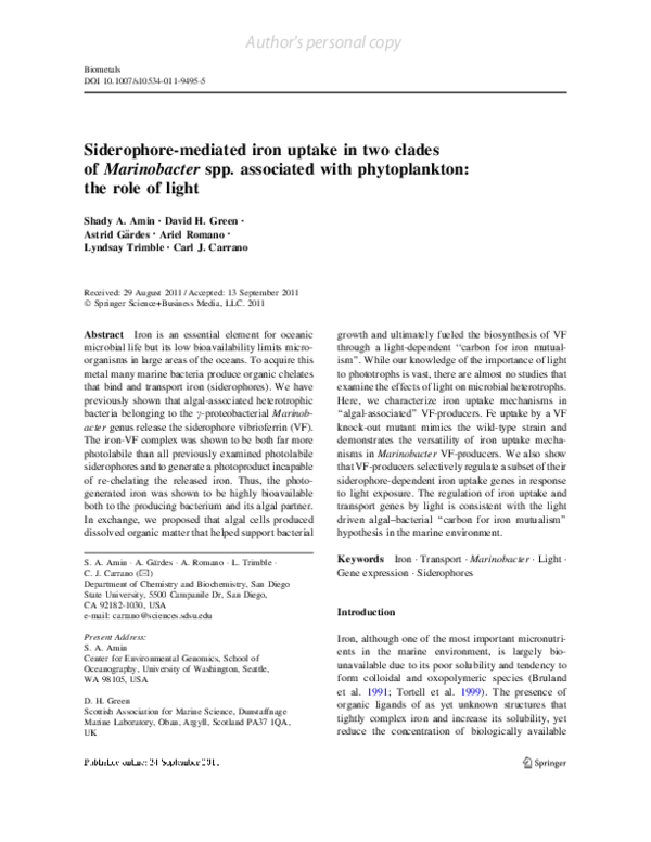 (PDF) Siderophore-mediated iron uptake in two clades of Marinobacter ...