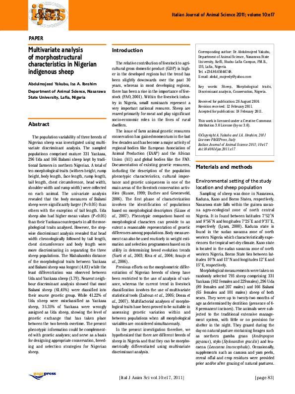 (PDF) Multivariate analysis of morphostructural characteristics in Nigerian indigenous sheep