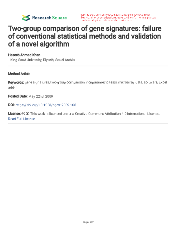 (PDF) Two-group comparison of gene signatures: failure of conventional statistical methods and ...