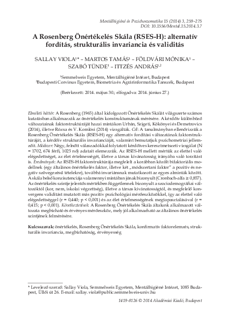 (PDF) Hungarian version of the Rosenberg Self-esteem Scale (RSES-H): An ...