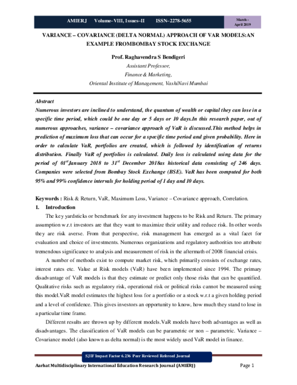 (PDF) Variance – Covariance (Delta Normal) Approach of Var Models:An Example Frombombay Stock ...