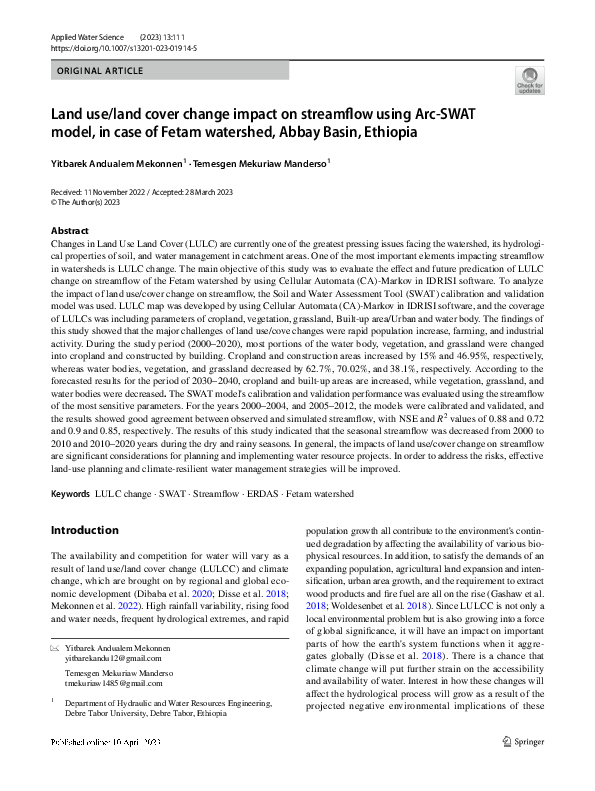 (PDF) Land use/land cover change impact on streamflow using Arc-SWAT model, in case of Fetam ...