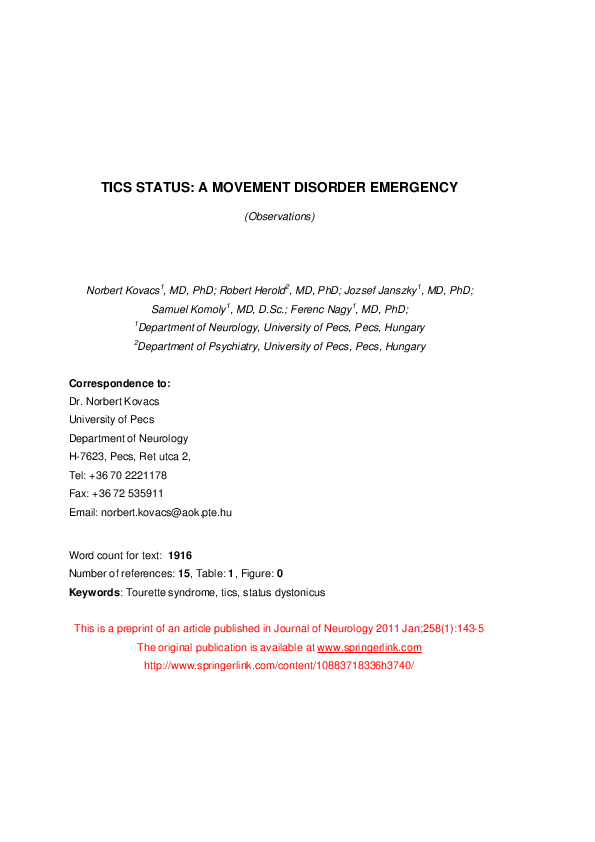 (PDF) Tics status: a movement disorder emergency