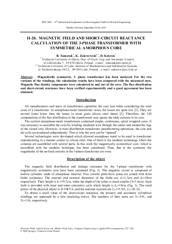 Pdf Magnetic Field And Short Circuit Reactance Calculation Of The 3 Phase Transformer With