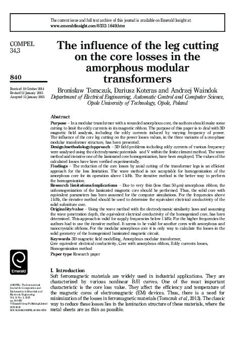 (PDF) The influence of the leg cutting on the core losses in the amorphous modular transformers