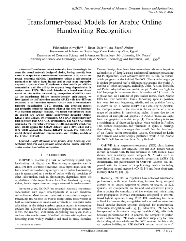 (PDF) Transformer-based Models for Arabic Online Handwriting Recognition