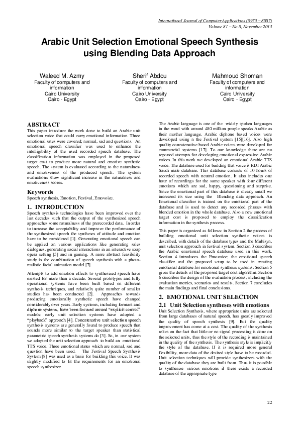 (PDF) Arabic Unit Selection Emotional Speech Synthesis using Blending Data Approach