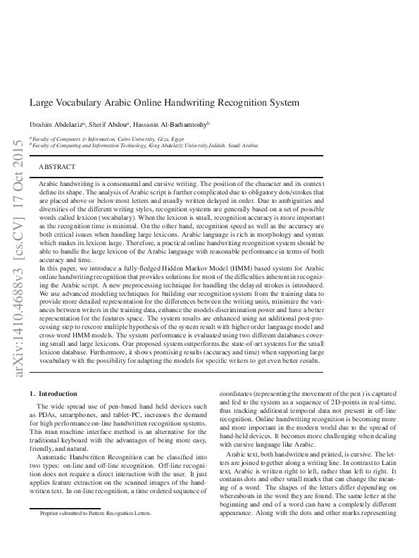 Pdf Large Vocabulary Arabic Online Handwriting Recognition System