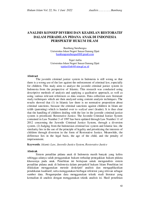 (PDF) ANALISIS KONSEP DIVERSI DAN KEADILAN RESTORATIF DALAM PERADILAN PIDANA ANAK DI INDONESIA ...
