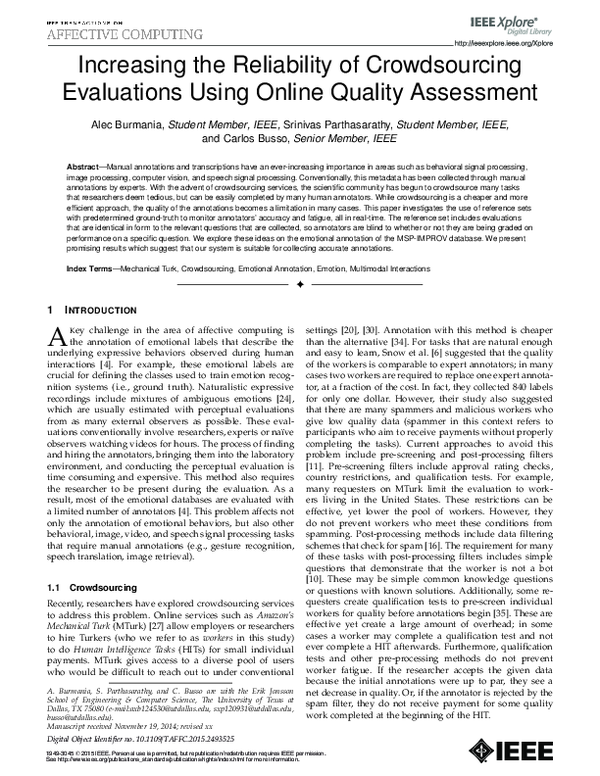 (PDF) Increasing the Reliability of Crowdsourcing Evaluations Using Online Quality Assessment