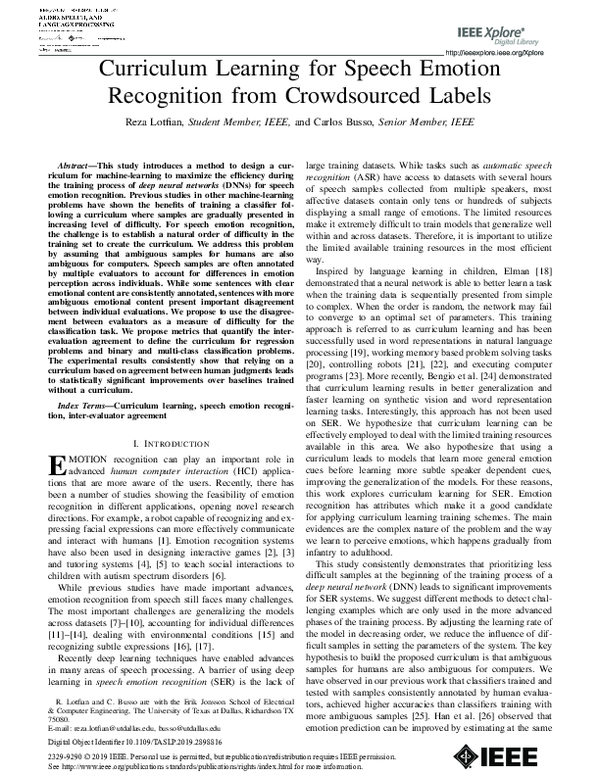 (PDF) Curriculum Learning for Speech Emotion Recognition From Crowdsourced Labels