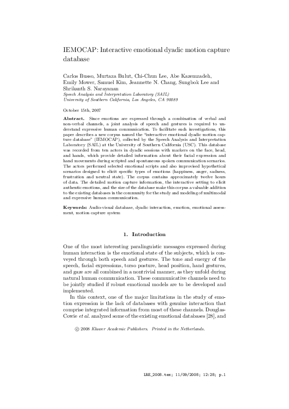 (PDF) IEMOCAP: interactive emotional dyadic motion capture database