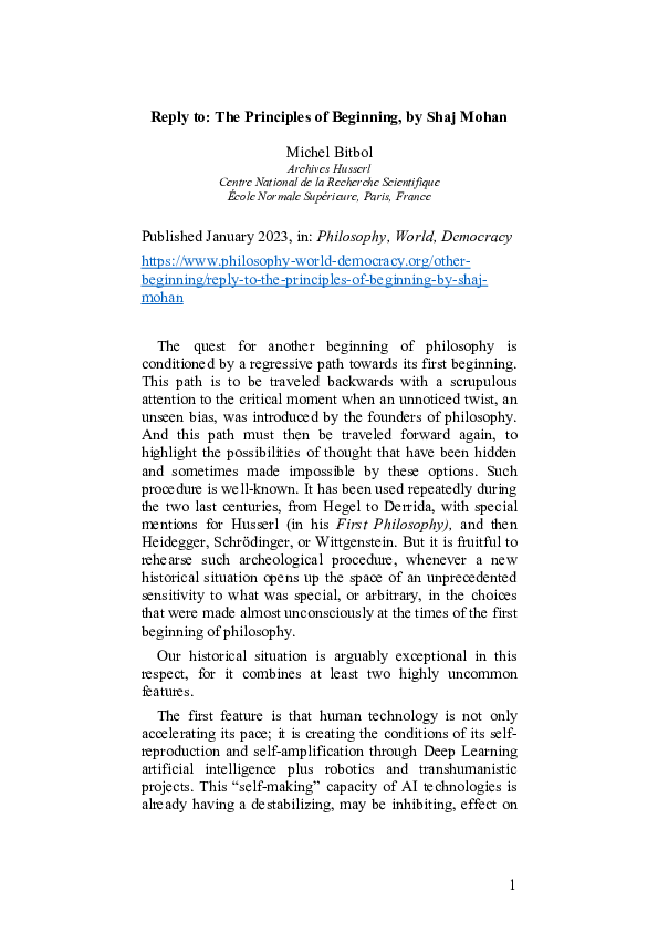 (PDF) Reply to: THE PRINCIPLES OF BEGINNING, by Shaj Mohan