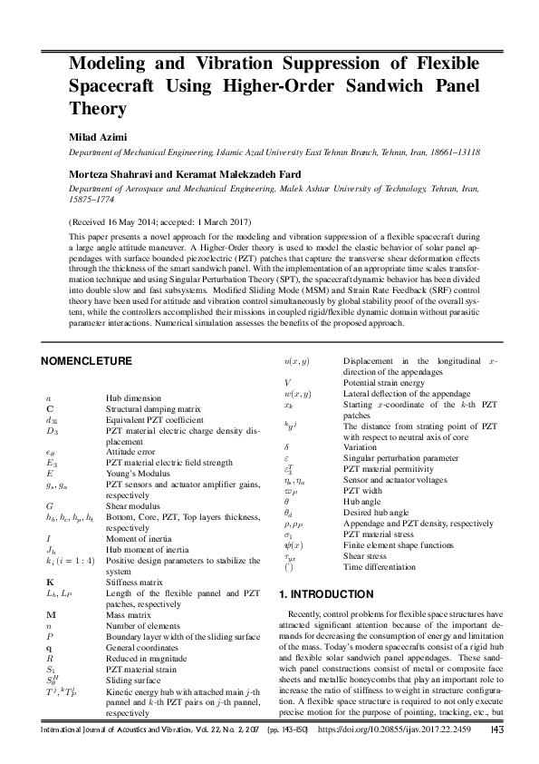 Pdf Modeling And Vibration Suppression Of Flexible Spacecraft Using Higher Order Sandwich