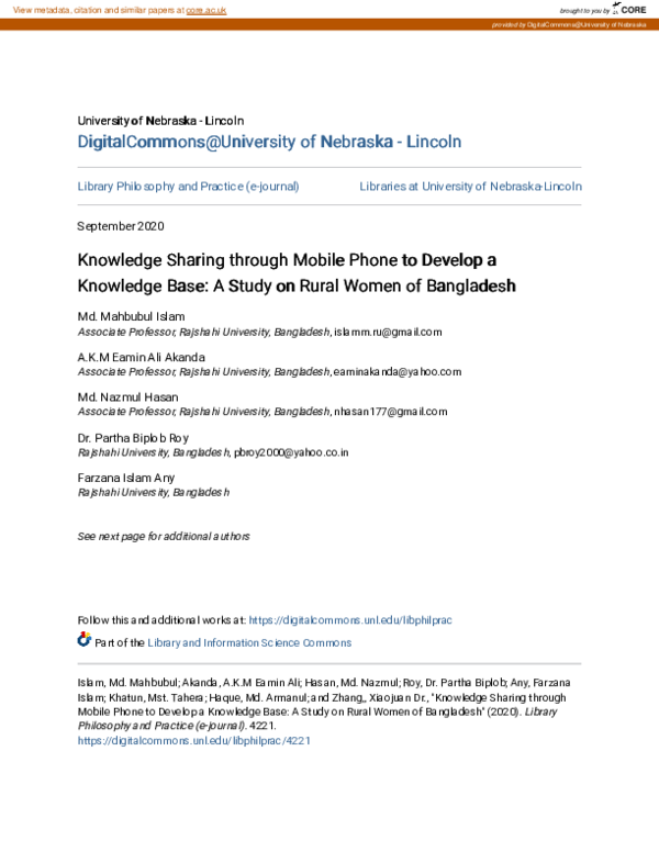 (PDF) Knowledge Sharing through Mobile Phone to Develop a Knowledge Base: A Study on Rural Women ...
