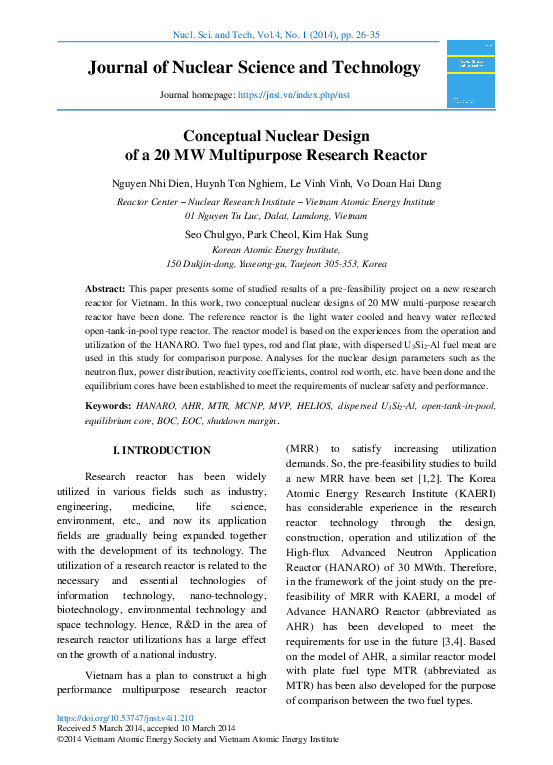 (PDF) Conceptual Nuclear Design of a 20 MW Multipurpose Research Reactor